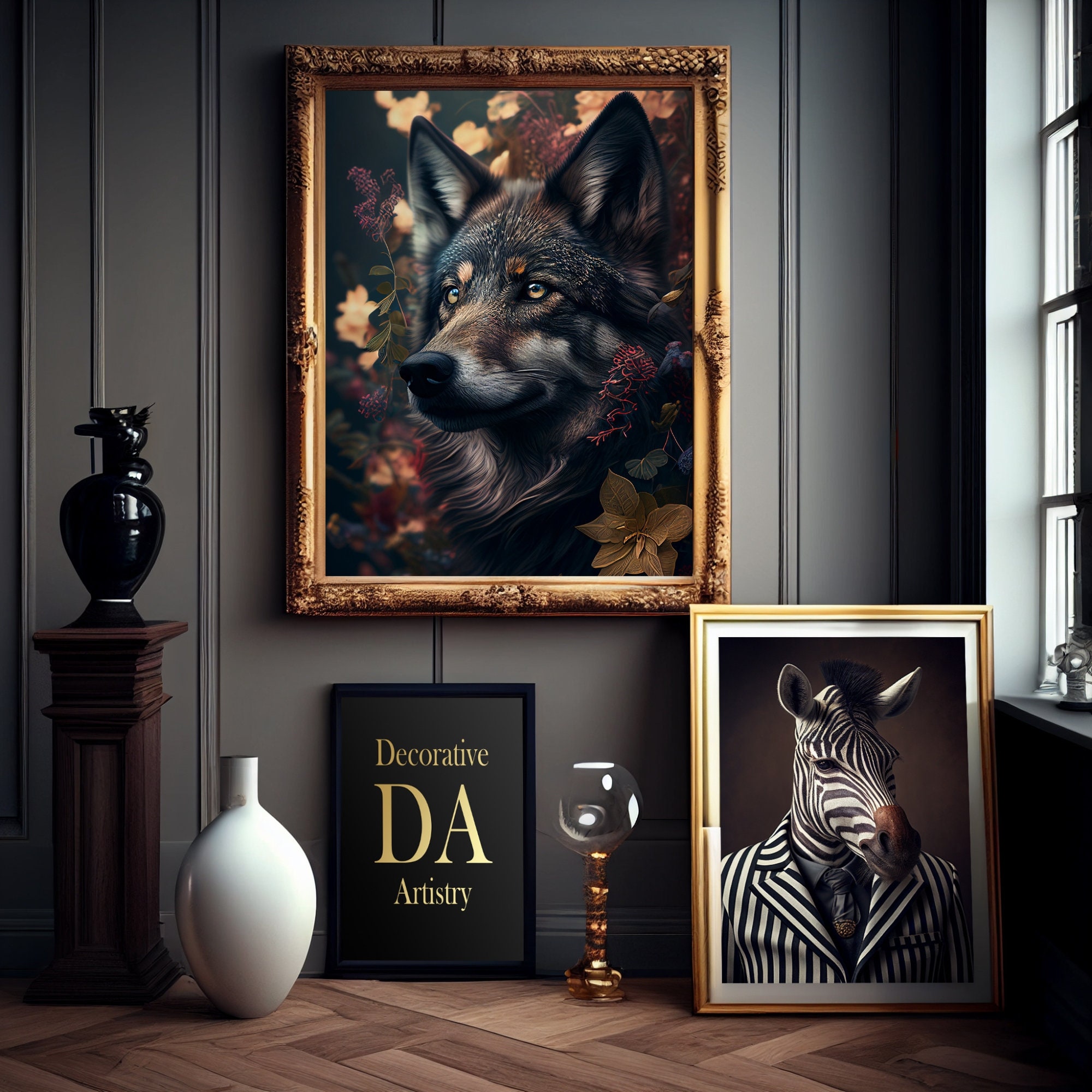 Wolf Wall Art Boho Style Vintage Wolf Canvas Print Animal Printable ...