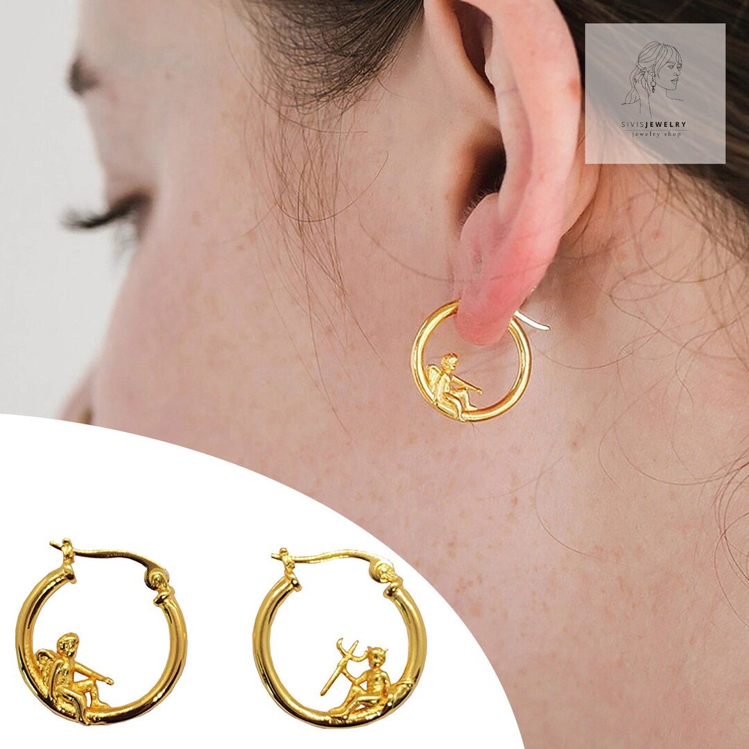 Angel and Devil Earrings, Hoop Earrings, Asymmetry Mismatched Angel ...