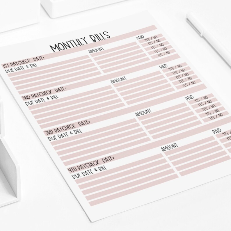 Pink Weekly Bill Tracker Printable PDF Letter - Etsy