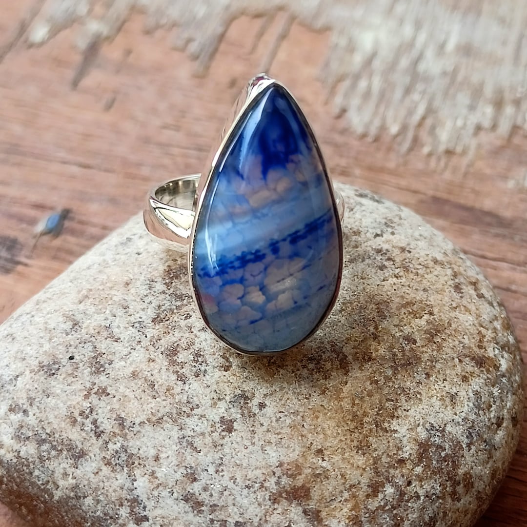 Blue Agate Ring, Silver Statement Ring, Botswana Agate Ring, Banded ...