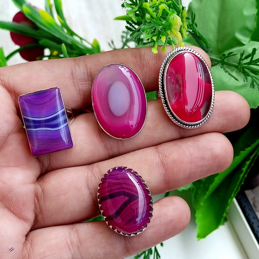 Pink Agate Ring Silver Statement Ring Pink Botswana Agate - Etsy