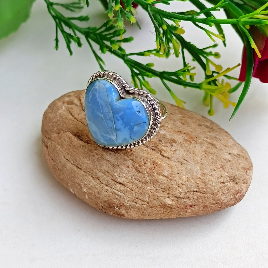 Blue Opal Heart Ring, Natural Heart Gemstone Ring, 92.5 Stacking Silver ...