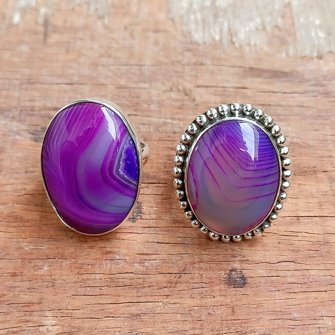 Pink Banded Agate Ring, Silver Statement Ring, Pink Agate Ring, Pink ...