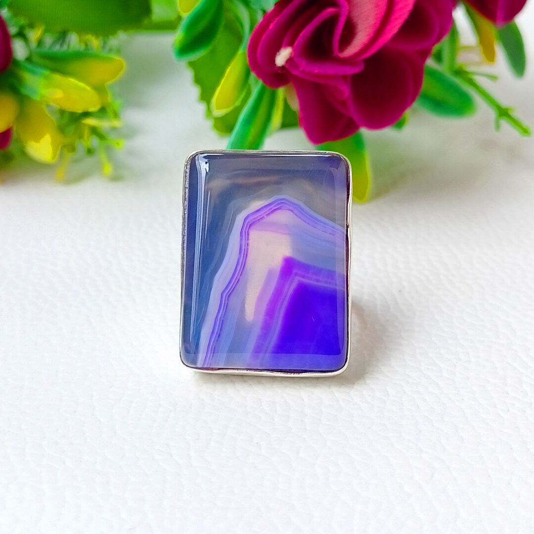 Blue Agate Ring, Silver Statement Ring, Botswana Agate Ring, Banded ...
