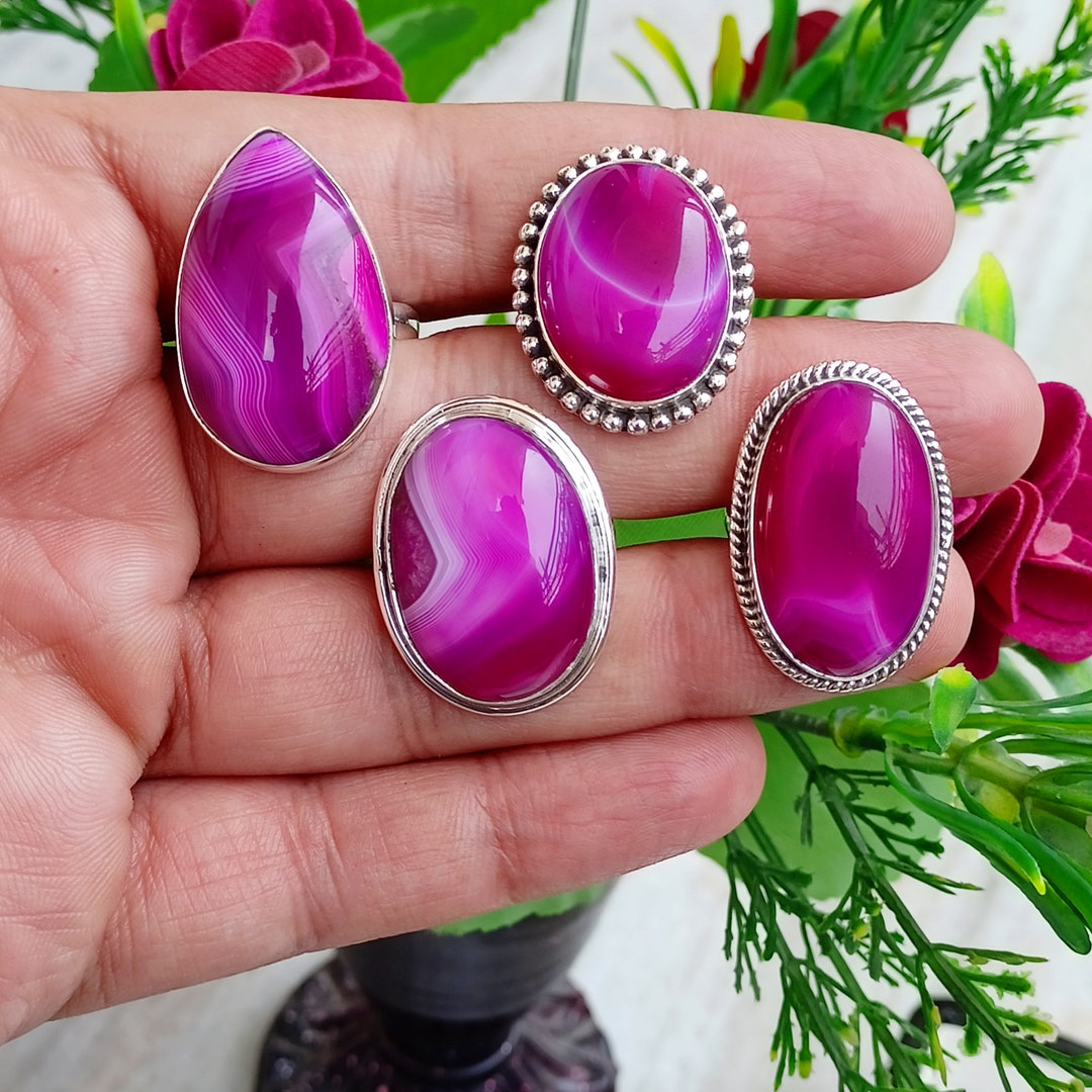 Pink Agate Ring 925 Silver Statement Ring Pink Banded Agate - Etsy