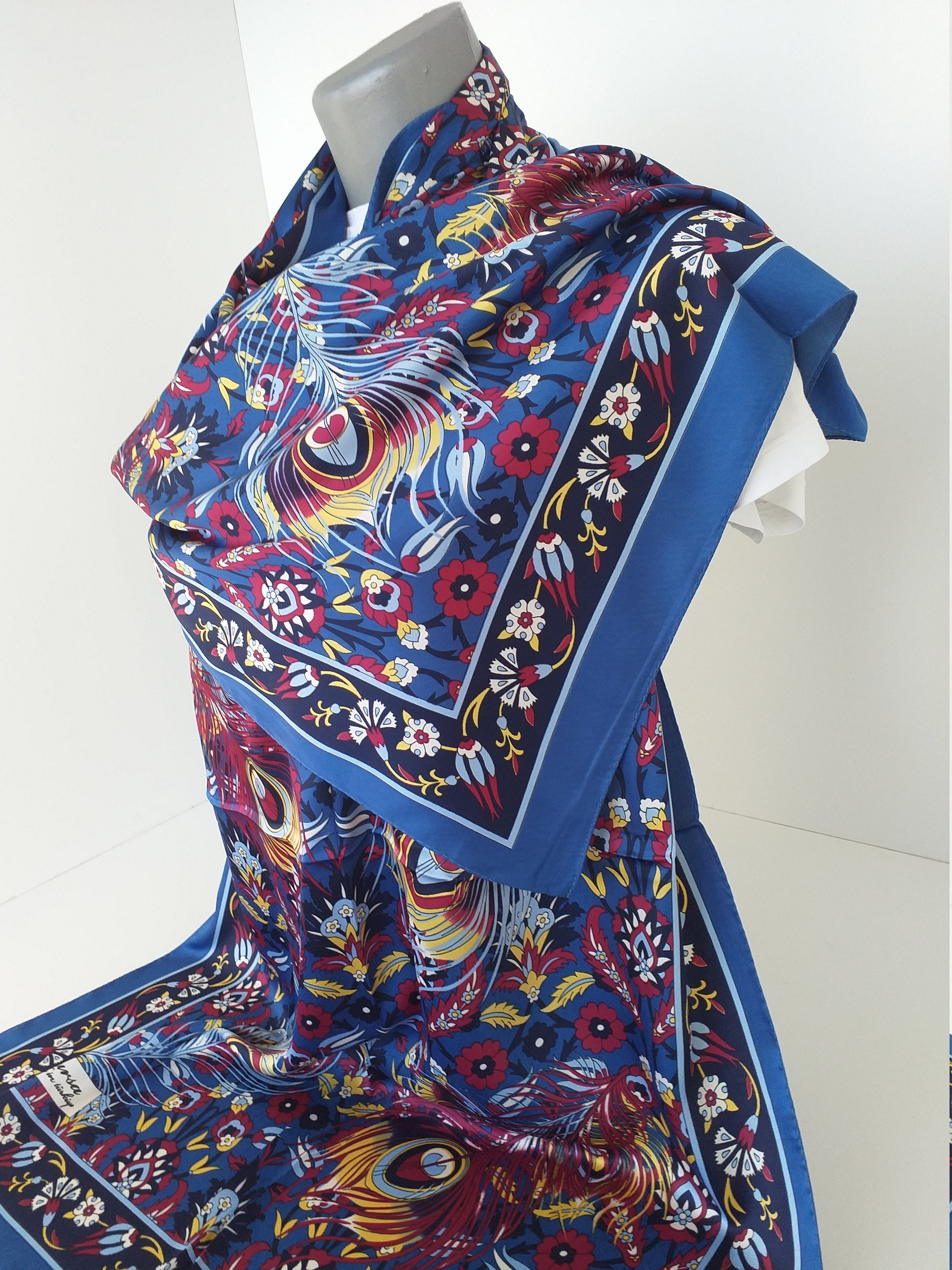 Blue turkish shawl turkish head scarf peacock pattern shawl | Etsy