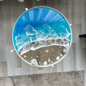 Epoxy Resin Coffee Table: Handmade Beach Ocean Theme, Round Side Table ...