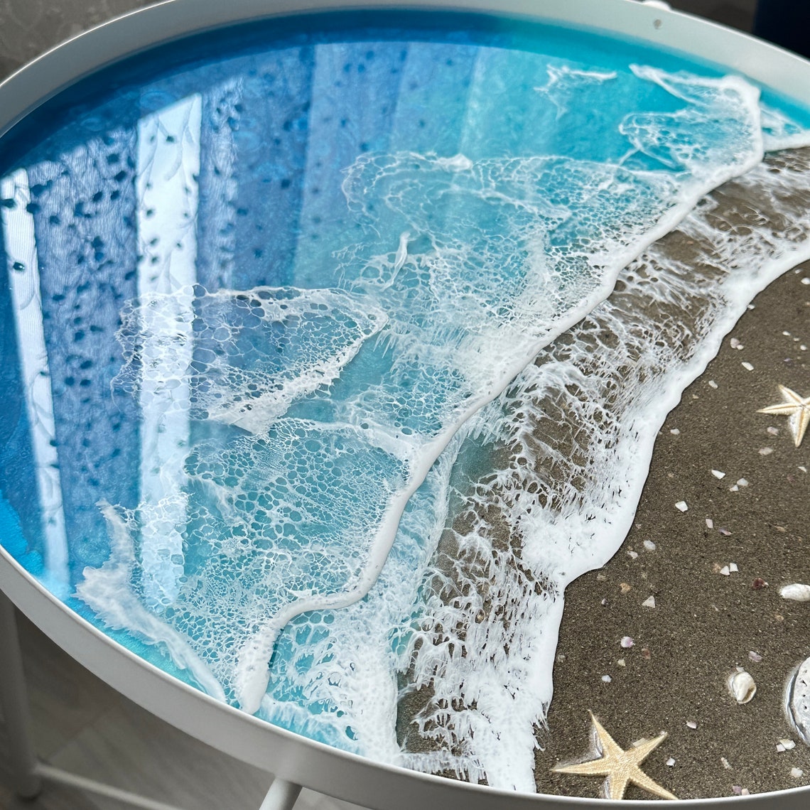 Epoxy Resin Coffee Table: Handmade Beach Ocean Theme, Round Side Table ...