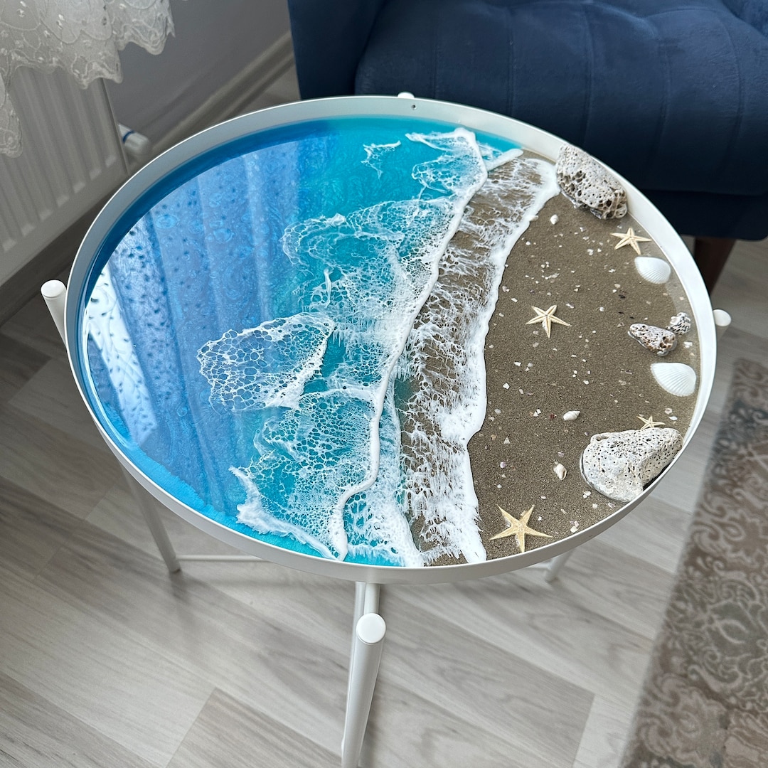 Epoxy Resin Coffee Table: Handmade Beach Ocean Theme, Round Side Table ...
