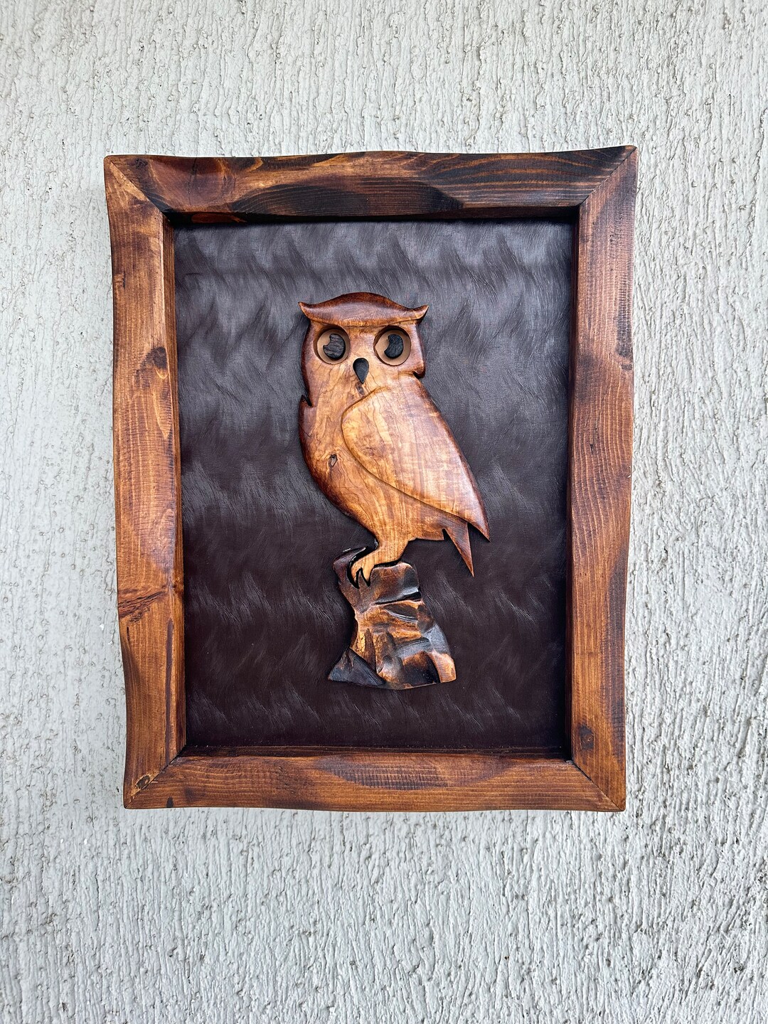 Owl Wall Hanging Decor- Framed Owl Art- Owl Figurine Art- Wooden Owl ...