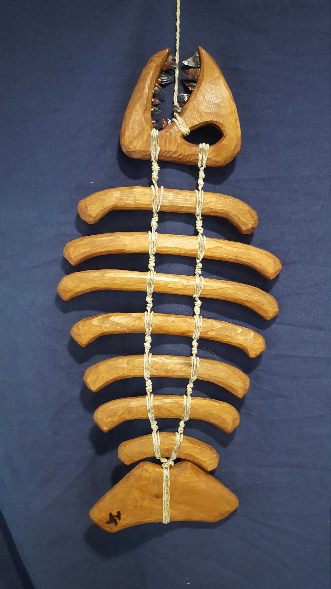 Decorative Fish Carving - Cedar, Obsidian, Venison Rawhide - Wall ...