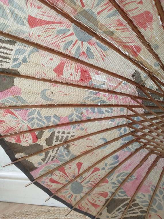 Vintage Japanese Paper Parasol With Bamboo And Lacquere… Gem