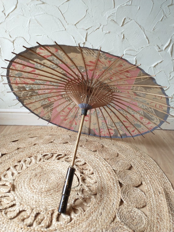 Vintage Japanese Paper Parasol With Bamboo And Lacquere… Gem