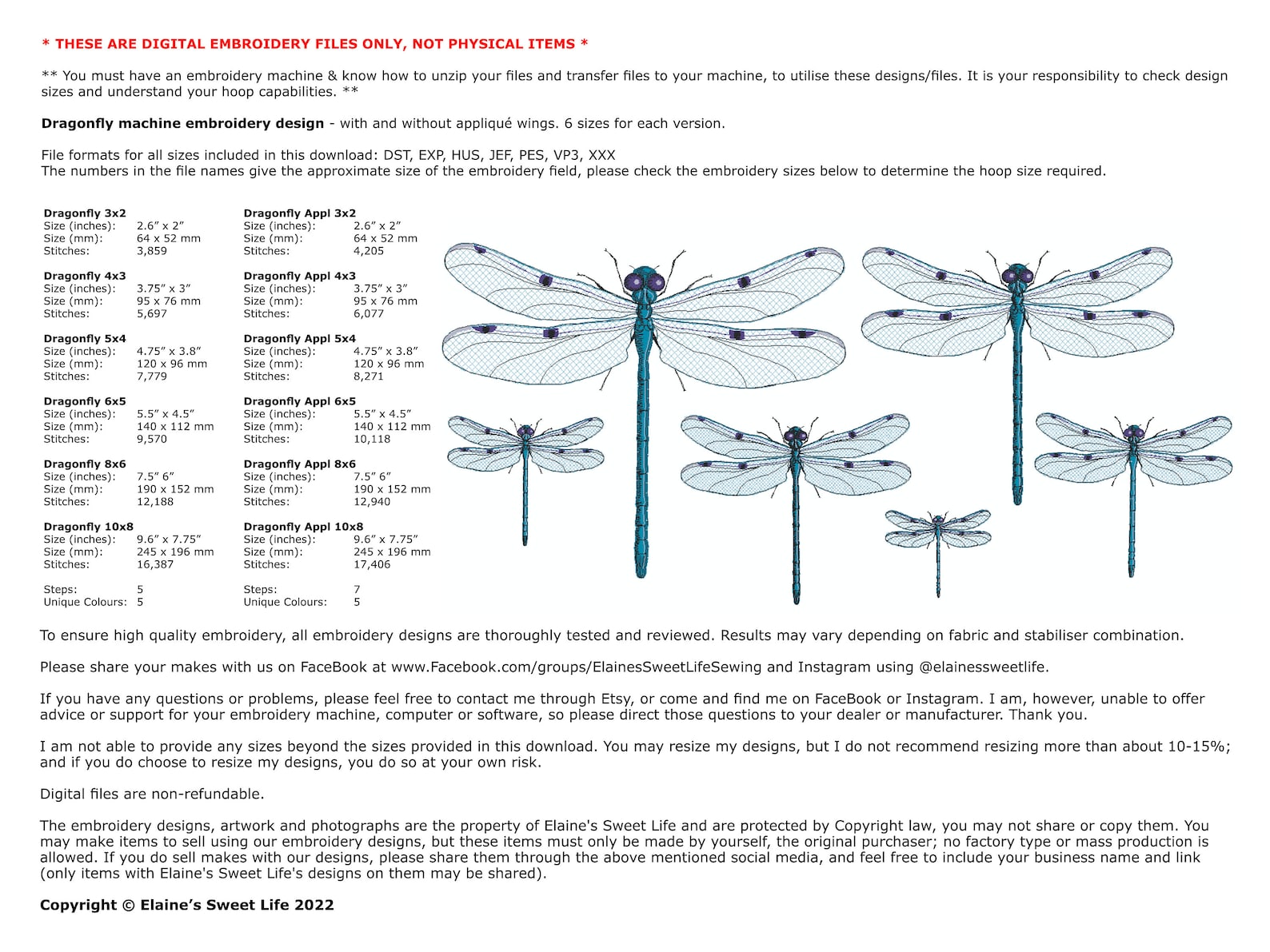 Dragonfly Machine Embroidery Design With Optional Appliqué Wings. 6 ...