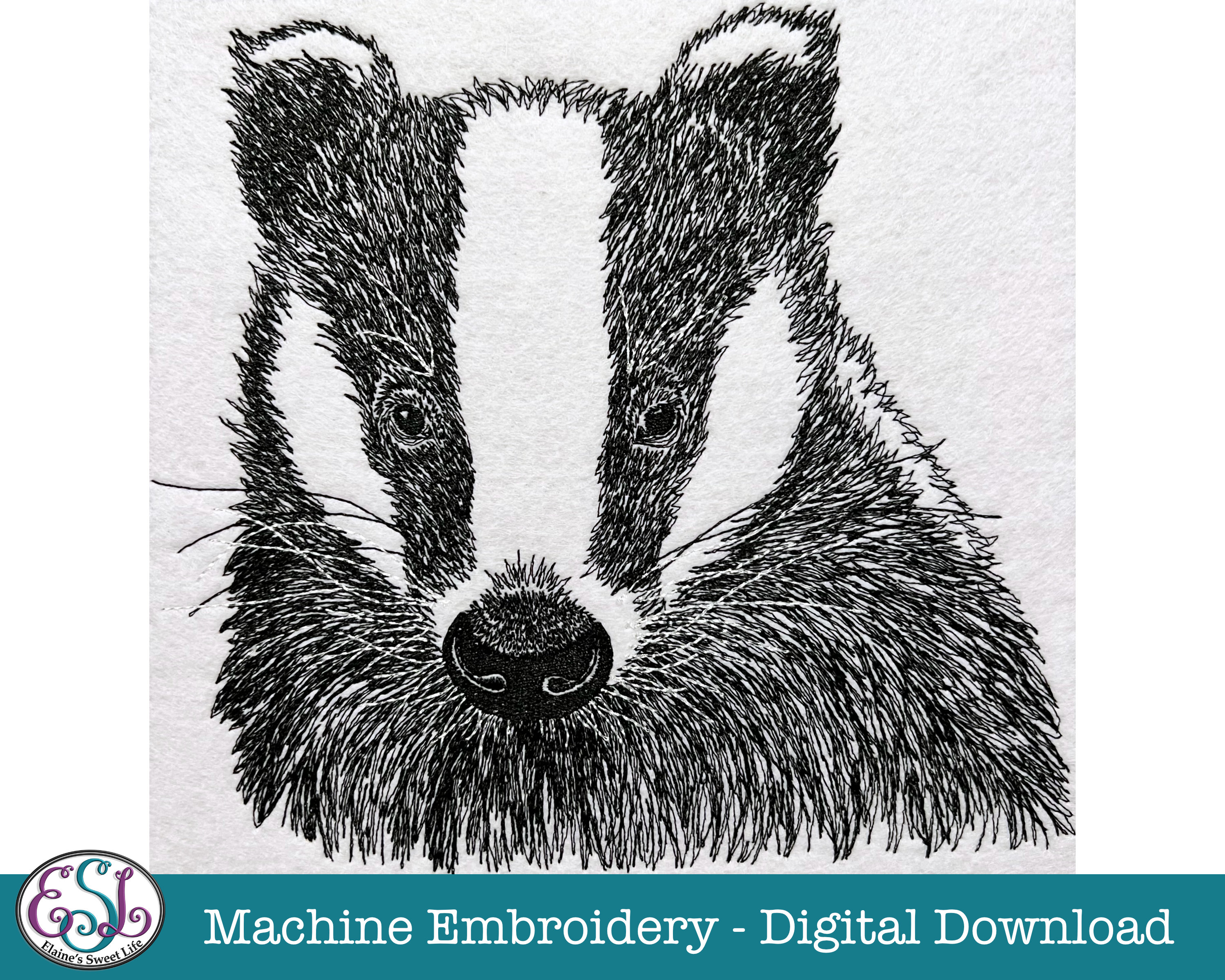 Badger Machine Embroidery File, Sketched Style, Monotone Effect. 5 ...