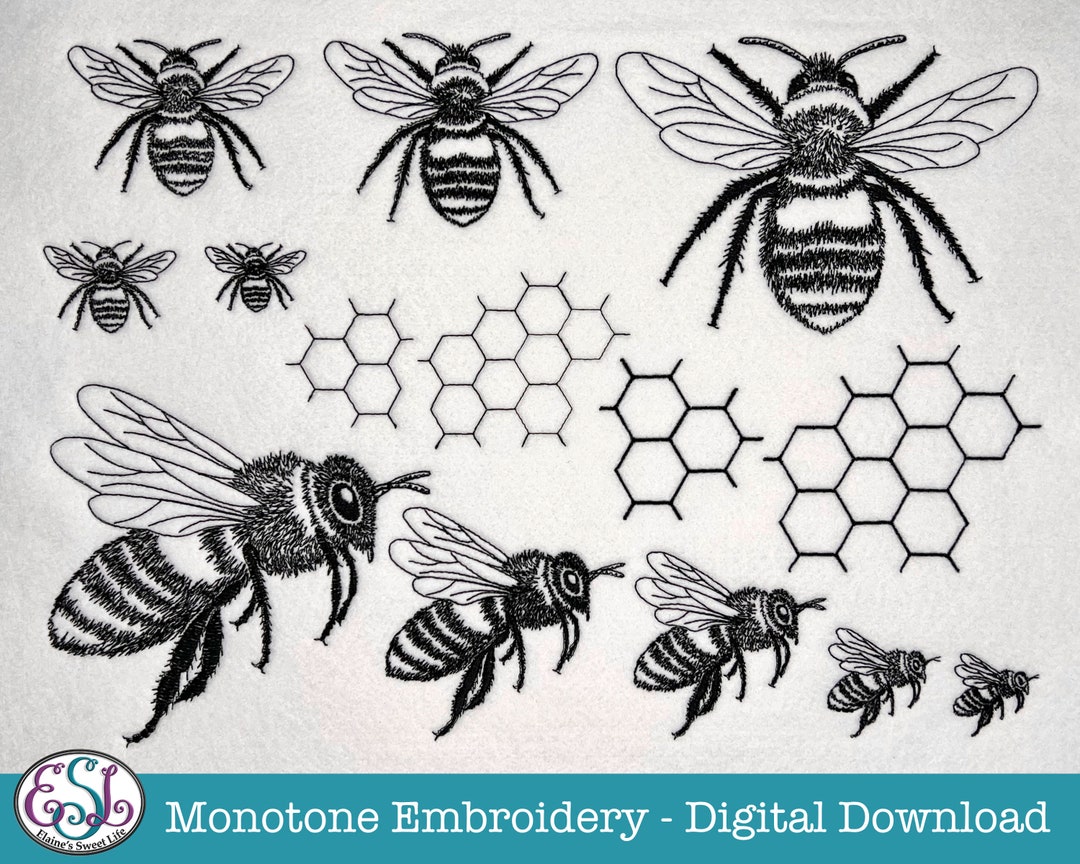 Bee / Honey Bee Machine Embroidery Files, Sketched Style, Monotone. 2 ...