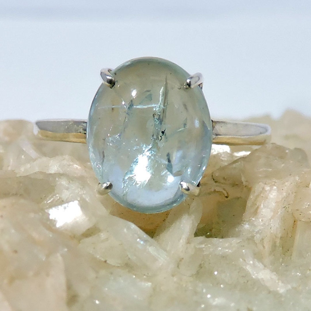 Natural Aquamarine Oval Stone Ring, Promise Ring, 925 Sterling Silver ...