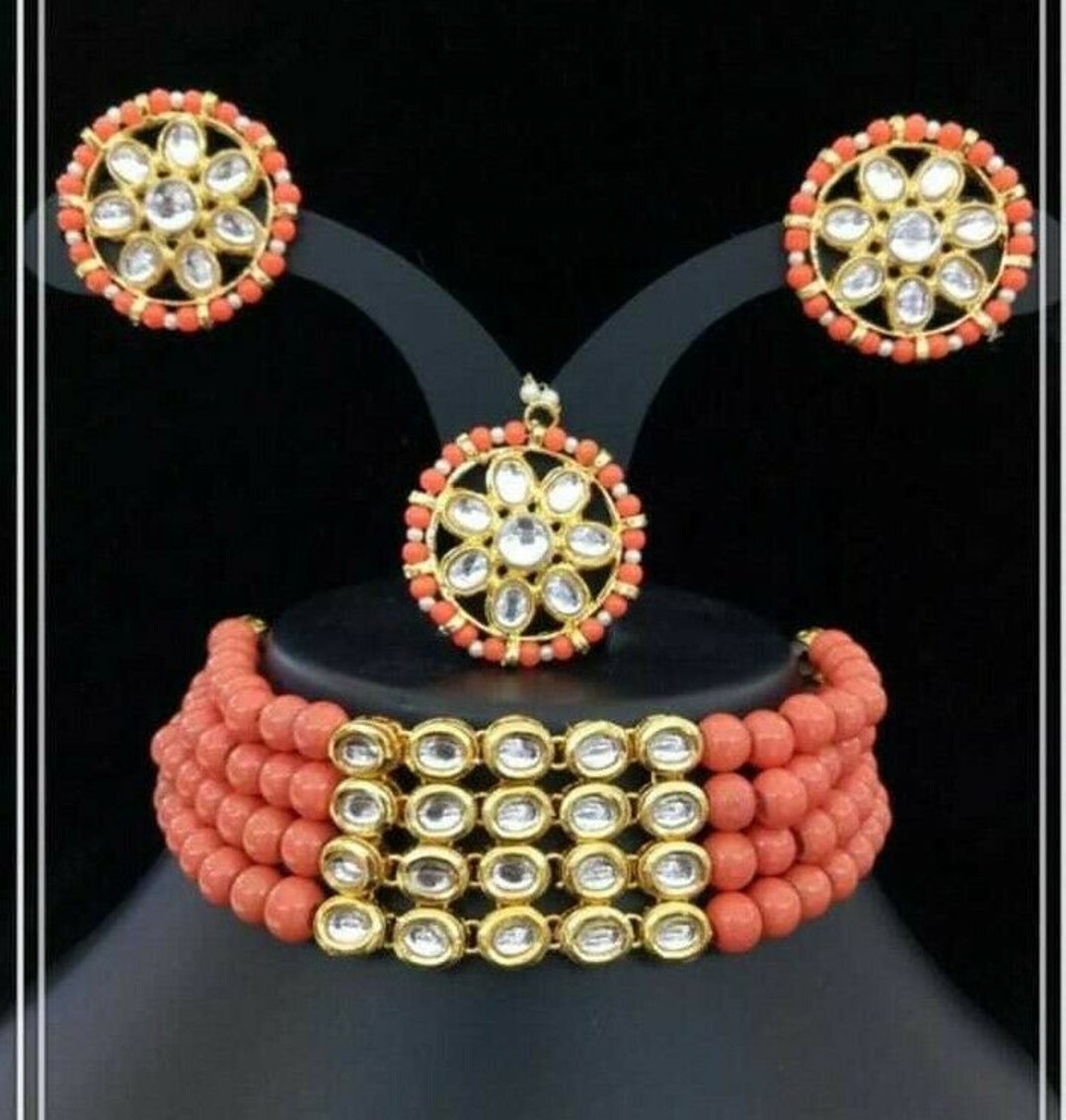 Indische Kundan Halskette, Mehrstrang Halskette, Mehrfarbige Halskette ...