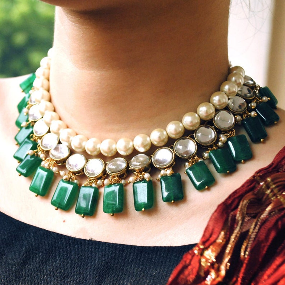 Green Semi Precious Stone Pakistani Necklace Earrings Handmade - Etsy