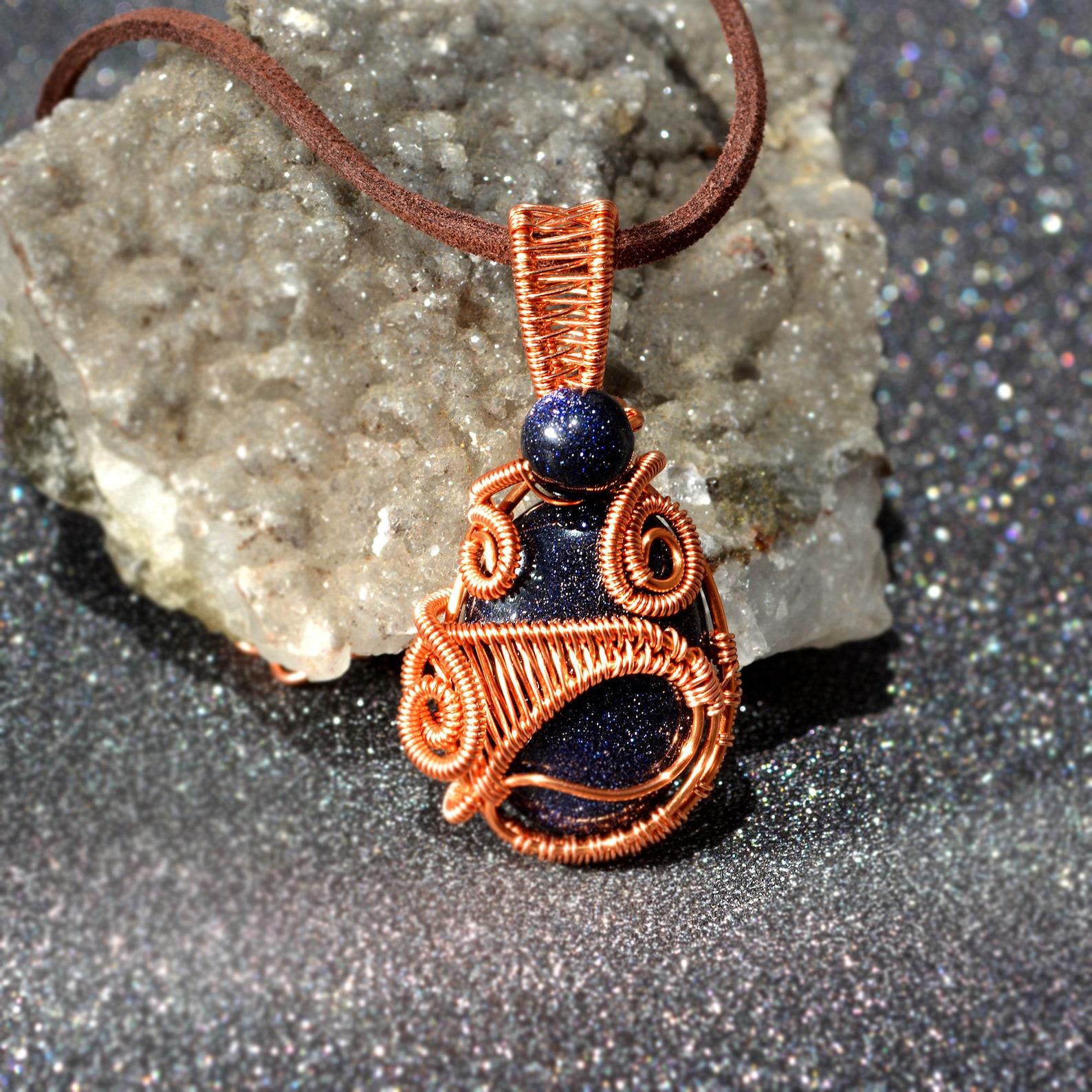 Dark Blue Sandstone Copper Pendant, Handmade Necklace, Unique Wire ...