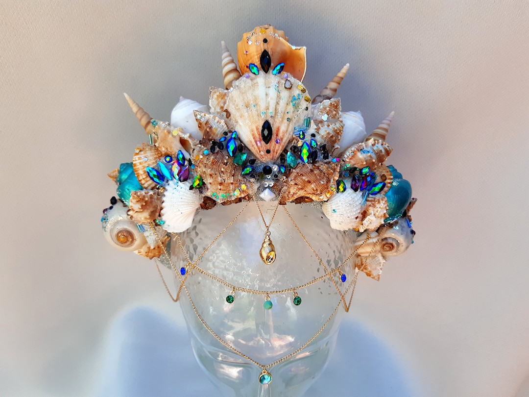 Amarine: Handmade Shell Tiara With Forehead Chains and Sparkling Stones ...