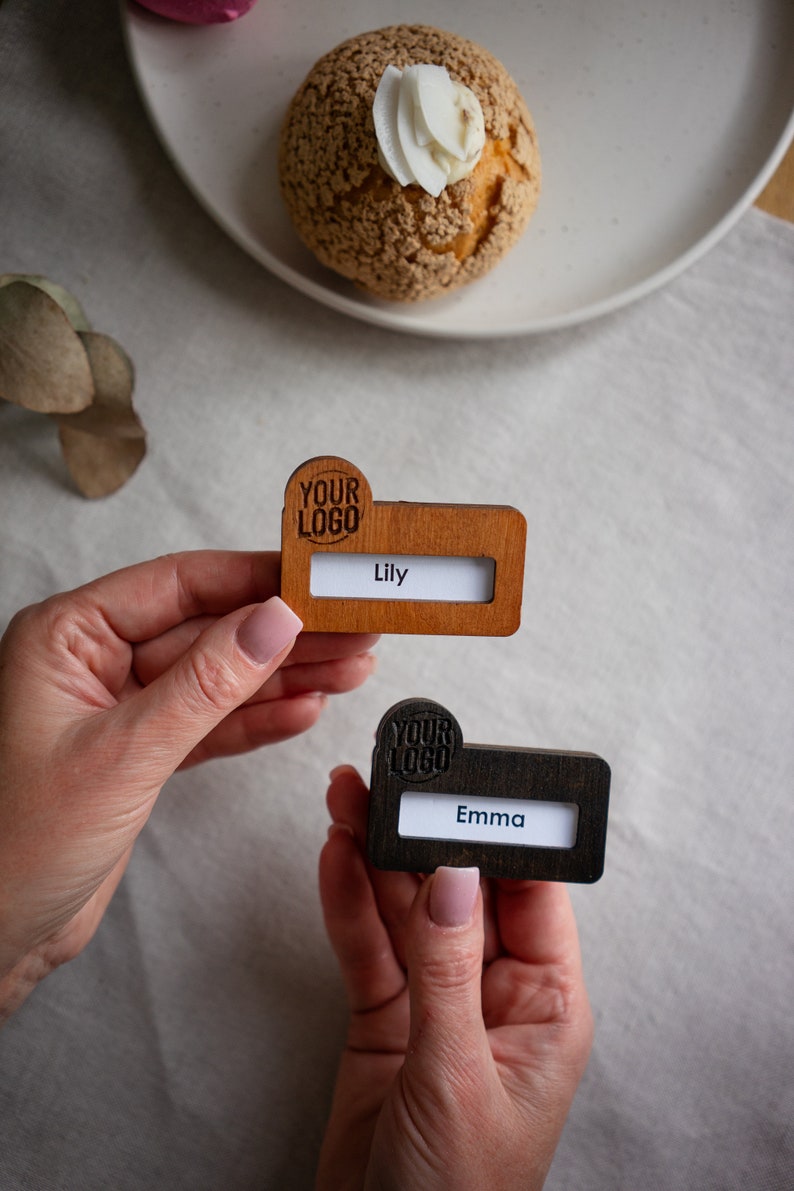 Business Name Tags, Wooden Badge, Cafe Name Badges - Etsy