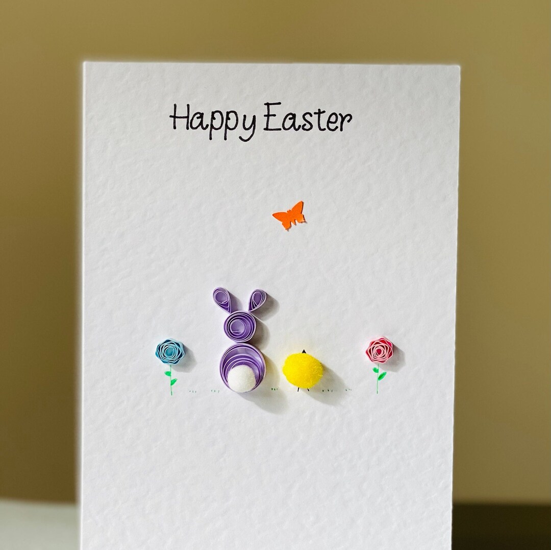 Quilled Easter Card/quilled Bunny Rabbit/pompom Chick/quilled Flowers ...