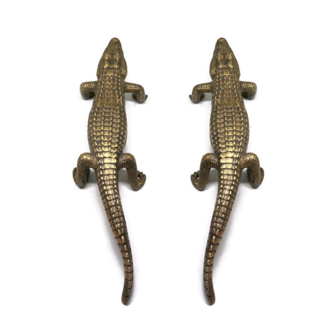 Basic Pair Left & Right CROCODILE Shape 12 Brass Alligator Aged Door ...