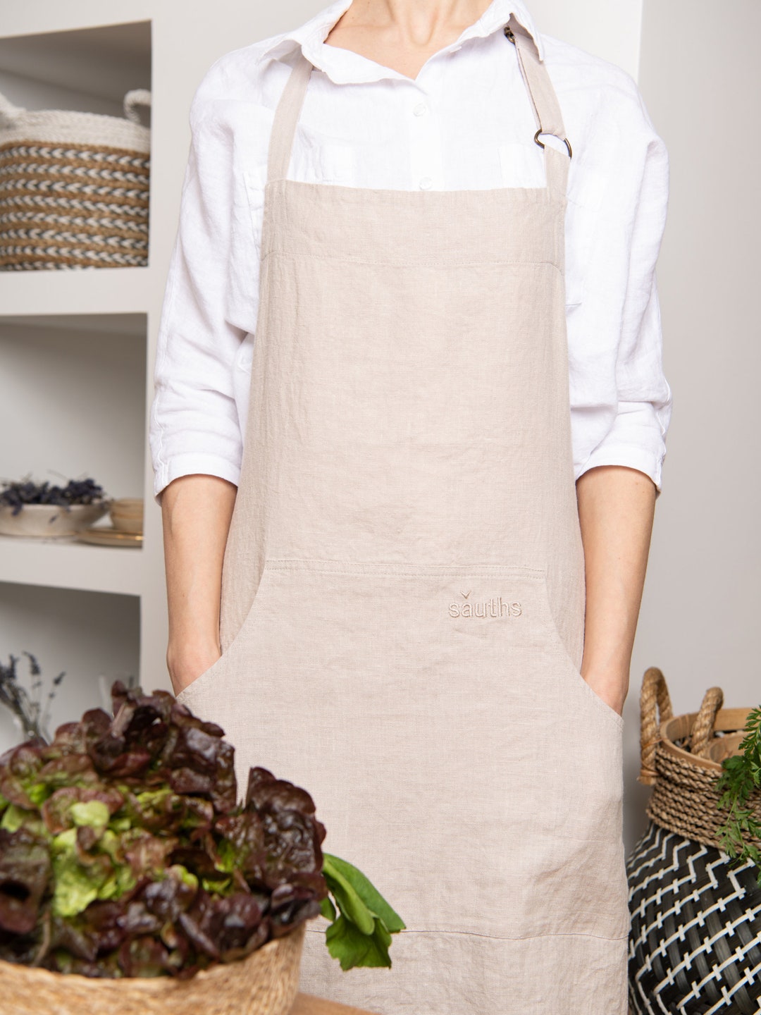 Linen Apron in Beige, Full Apron for Women Men Mother Sister ...