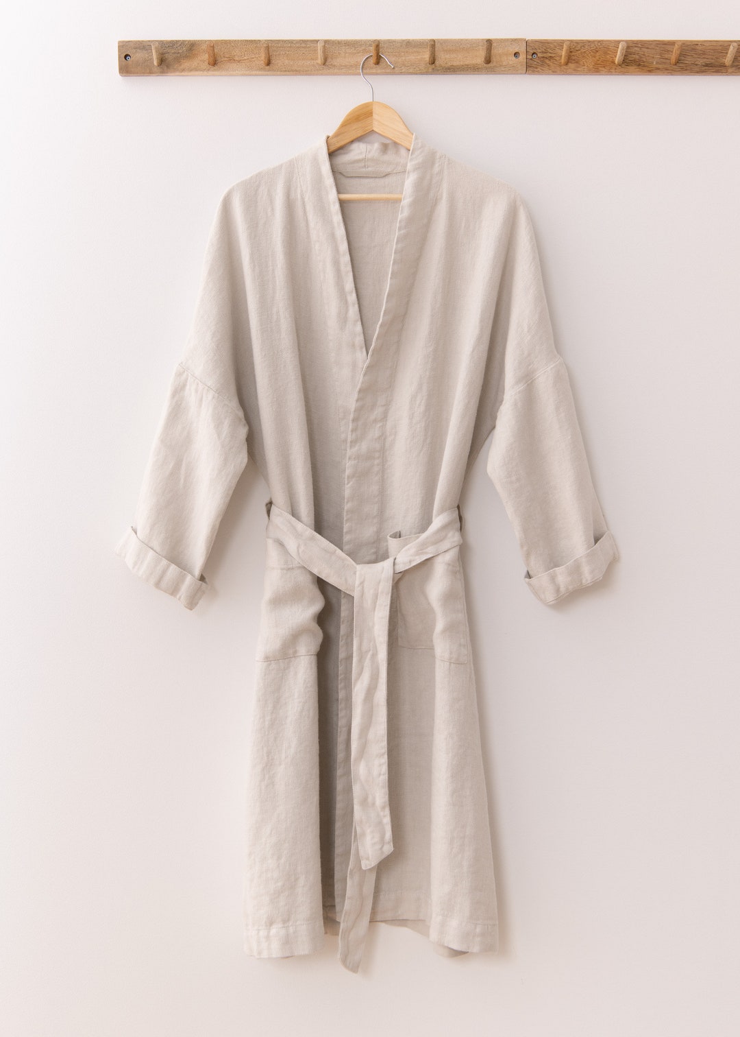 Linen Boheme Robe, Beige Kimono Style Unisex Oversized Bathrobe, Lounge ...