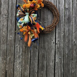 Blue & Orange Fall Grapevine Wreath With Pumpkins, Autumn Harvest Front ...