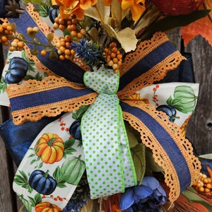 Blue & Orange Fall Grapevine Wreath With Pumpkins, Autumn Harvest Front ...