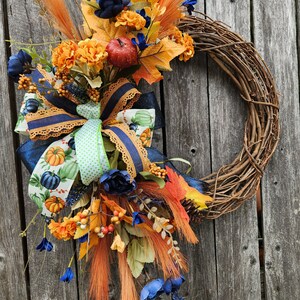 Blue & Orange Fall Grapevine Wreath With Pumpkins, Autumn Harvest Front ...