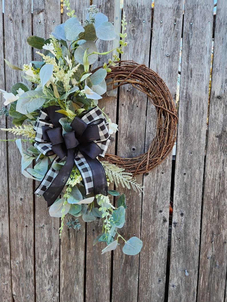 Everyday Greenery Wreath, Black & White Buffalo Check Farmhouse ...