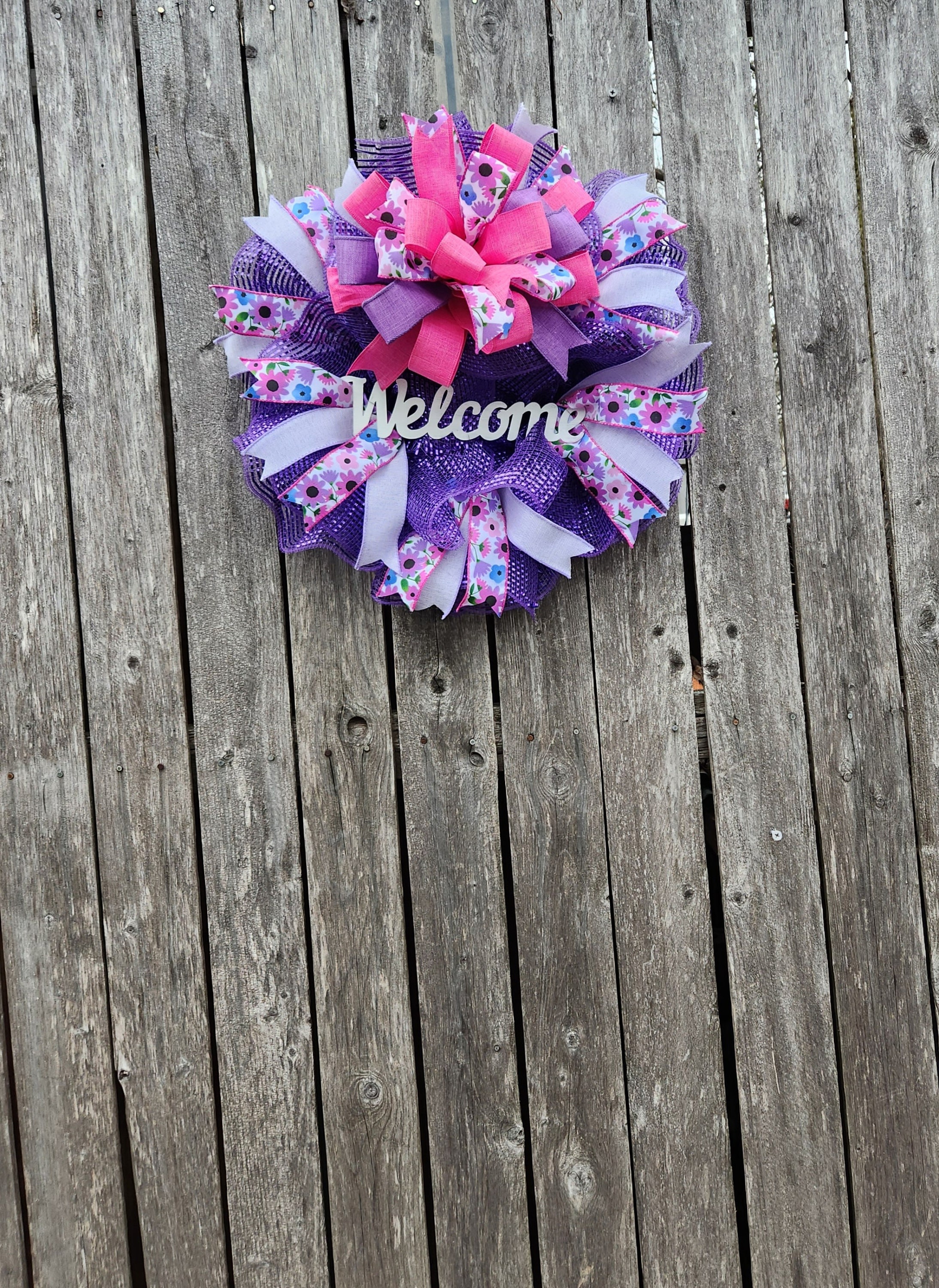 Country Spring Welcome Wreath, Purple Mesh Wreath, Front Door Wreath Spring and Summer, Pancake ...