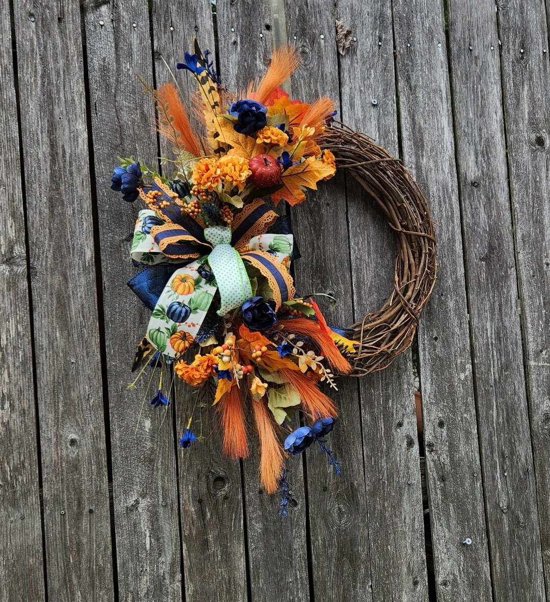Blue & Orange Fall Grapevine Wreath With Pumpkins, Autumn Harvest Front ...