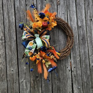 Blue & Orange Fall Grapevine Wreath With Pumpkins, Autumn Harvest Front ...