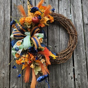 Blue & Orange Fall Grapevine Wreath With Pumpkins, Autumn Harvest Front ...