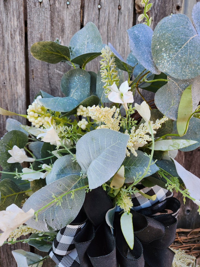 Everyday Greenery Wreath, Black & White Buffalo Check Farmhouse ...