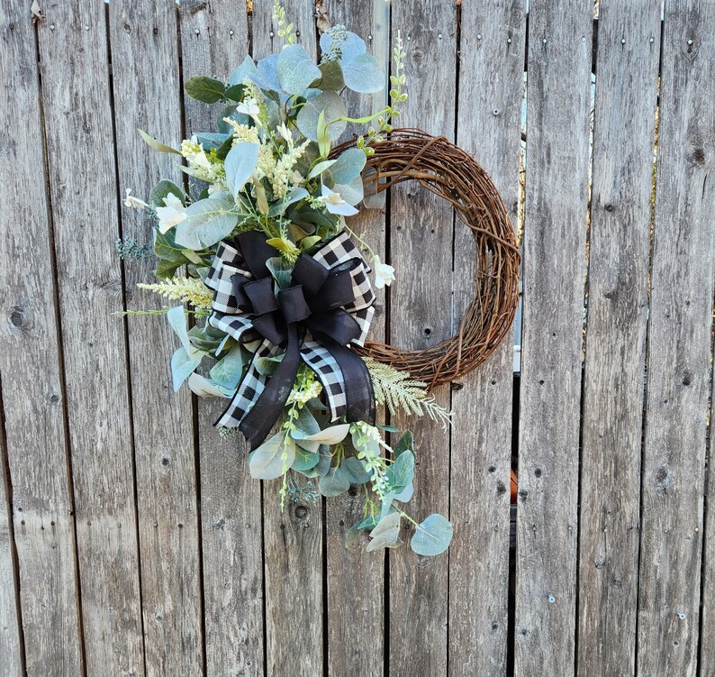 Everyday Greenery Wreath, Black & White Buffalo Check Farmhouse ...