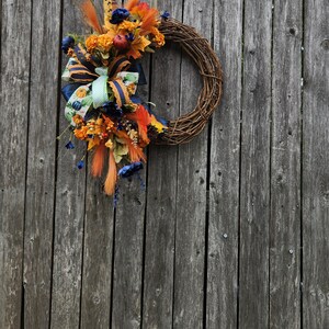 Blue & Orange Fall Grapevine Wreath With Pumpkins, Autumn Harvest Front ...