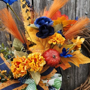 Blue & Orange Fall Grapevine Wreath With Pumpkins, Autumn Harvest Front ...
