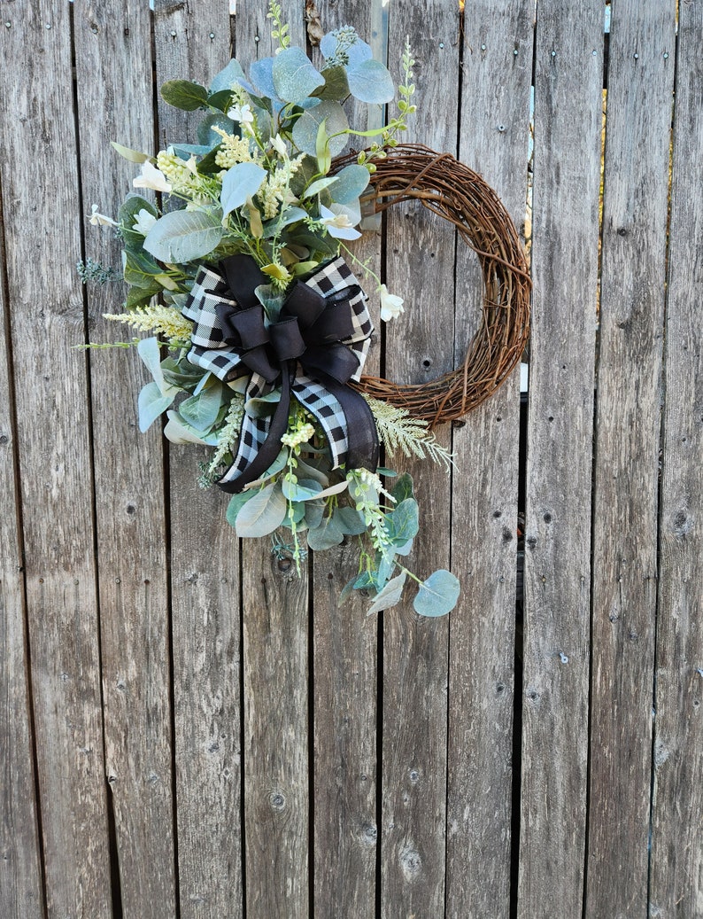 Everyday Greenery Wreath, Black & White Buffalo Check Farmhouse ...