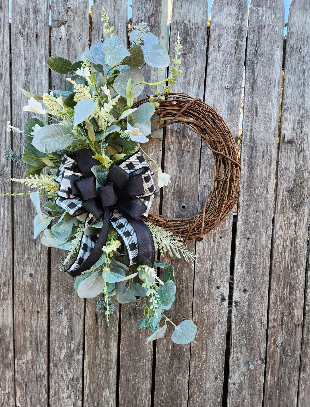Everyday Greenery Wreath, Black & White Buffalo Check Farmhouse ...