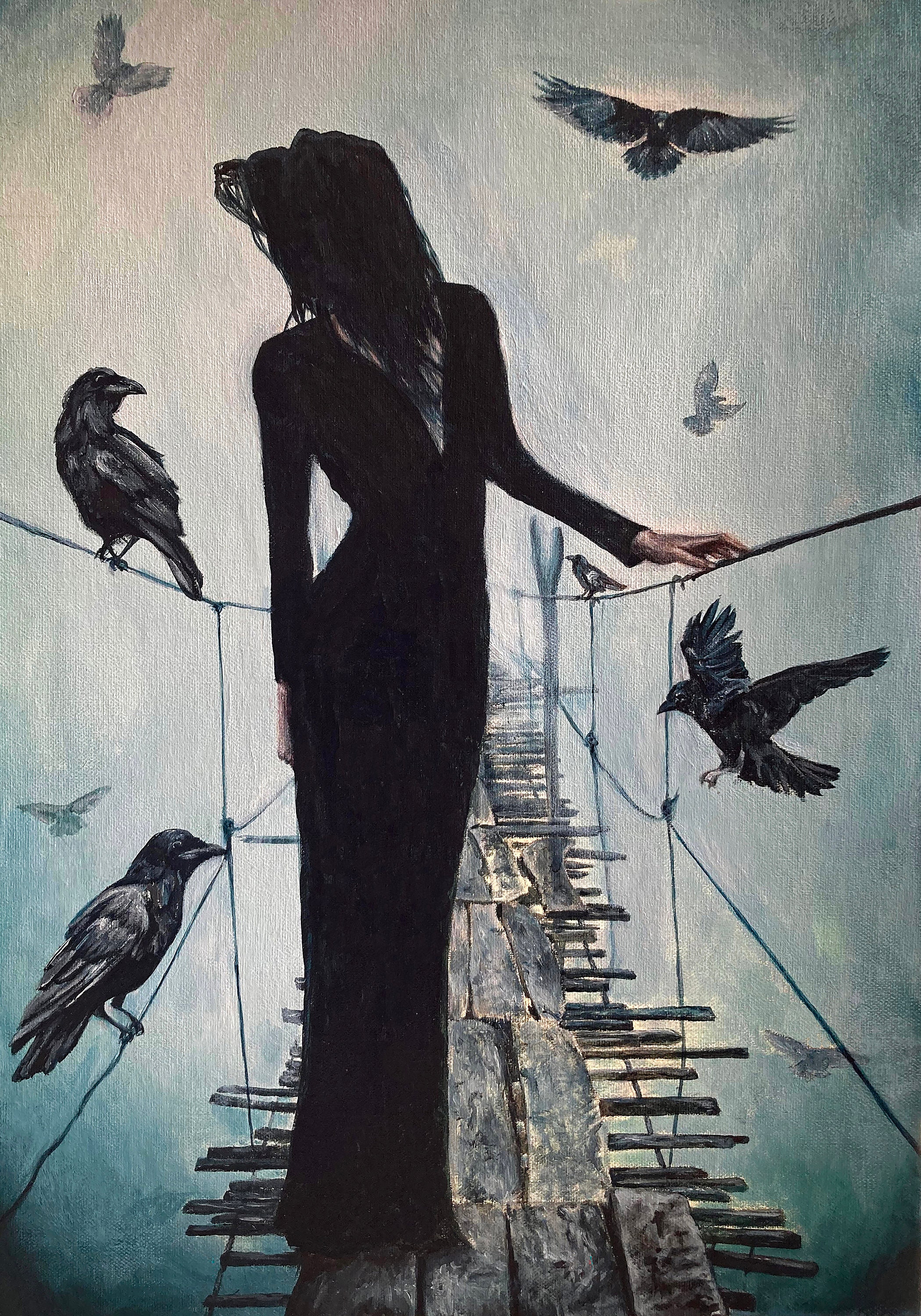 Raven Crossing - Painting of a Woman in Black Standing on an Old Bridge ...