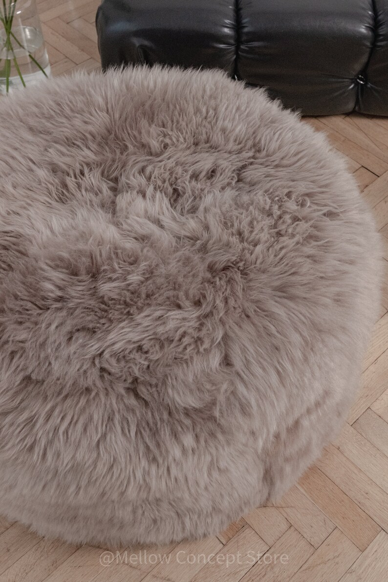 Greige Elegant & Luxurious Real Sheepskin Pouf / Pouffe / Ottoman ...