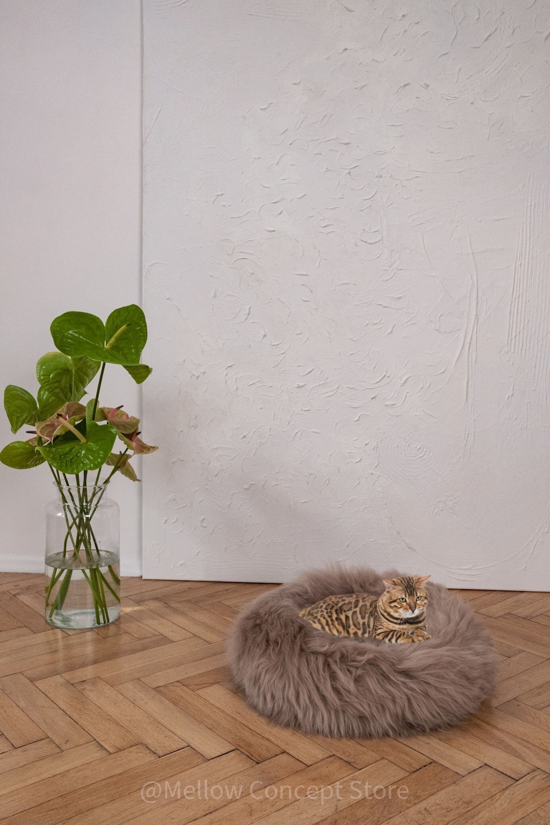 Greige Sheepskin Pet Bed, Round Cat or Dog Bed, Natural Wool - Etsy