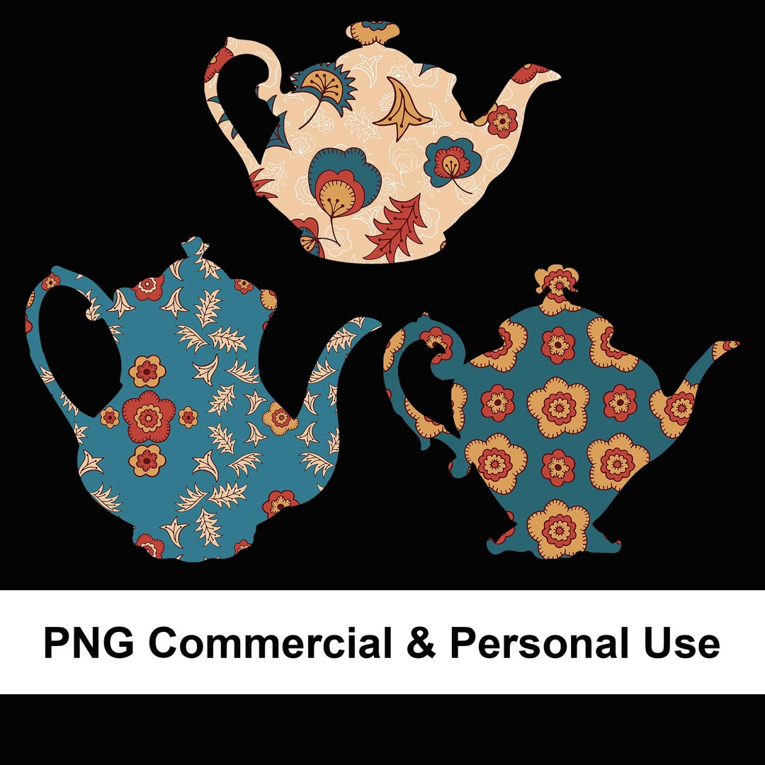 3 Blue Floral Teapots PNG Country Teapot Graphics Blue Floral Pattern ...