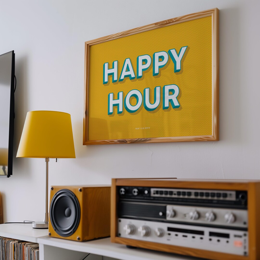 Happy Hour Typography Print, Retro Bar Poster, Kitchen Wall Art - Etsy