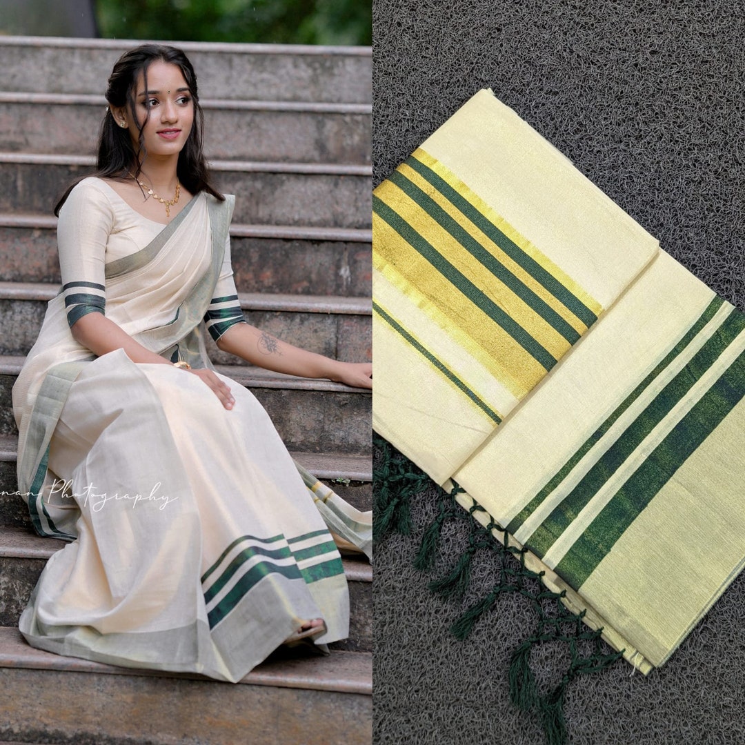 Kerala Cotton/tissue Golden Saree - Etsy
